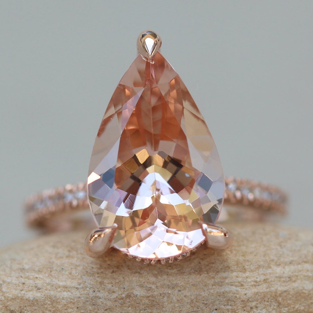 Pear Cut Morganite Engagement Ring With Diamond 4 Prong Shank and Halo ...