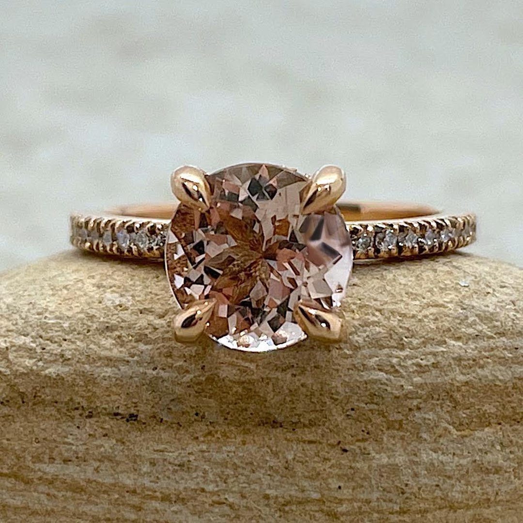 Solitaire Morganite Engagement Ring, Hidden Halo Claw Prongs, Diamonds ...