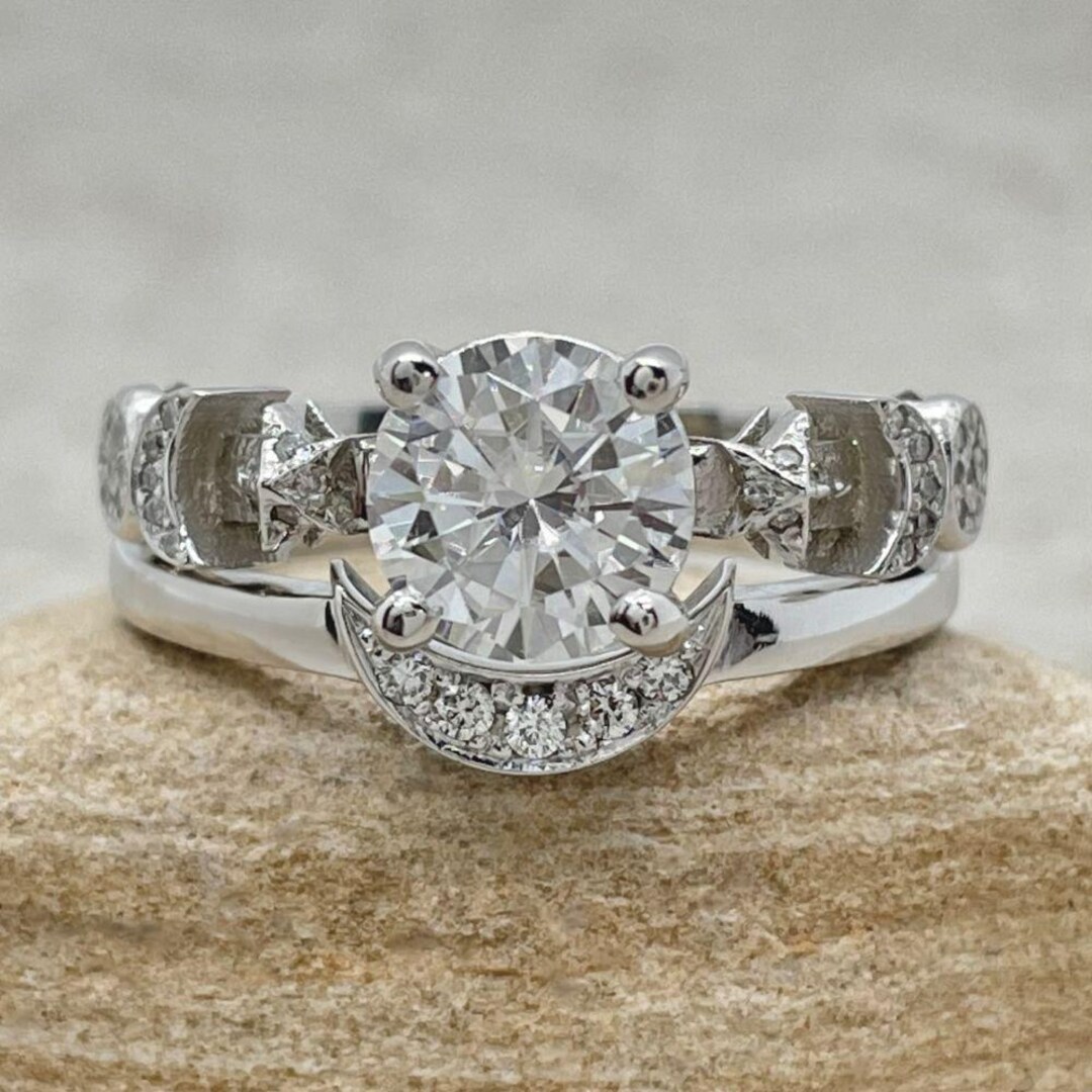 Moissanite Moon Bridal Set With Diamond Crescent Moon Wedding Band ...