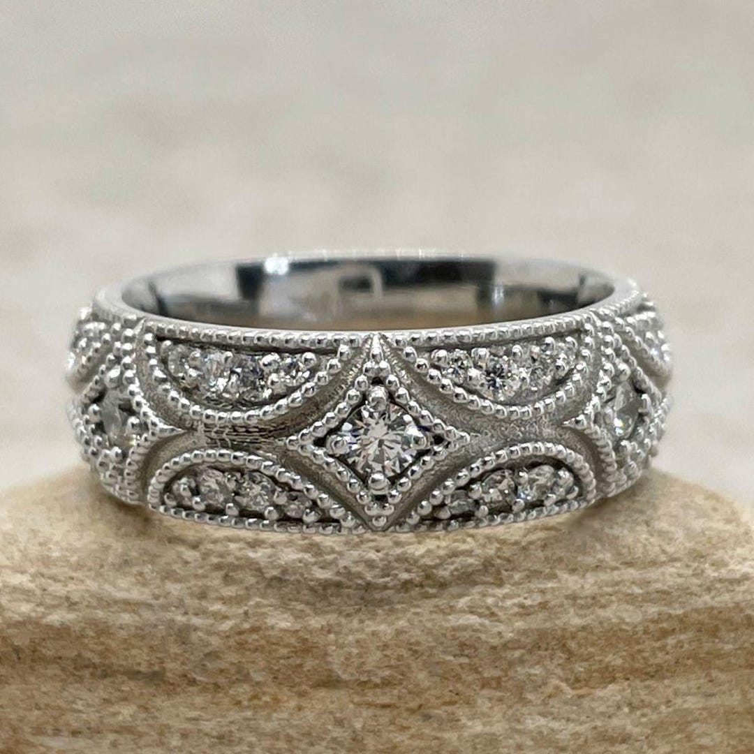 Vintage Diamond Studded Band, Fancy Man or Woman Wedding Ring, Beaded ...