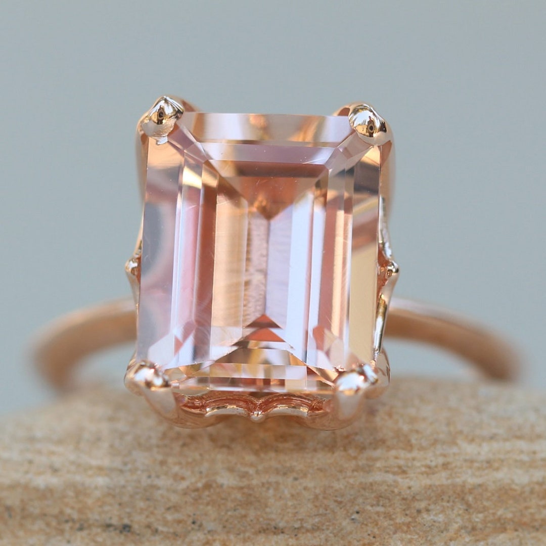 Emerald Cut Morganite Ring, Over 5 Carats Solitaire Flower Engagement ...