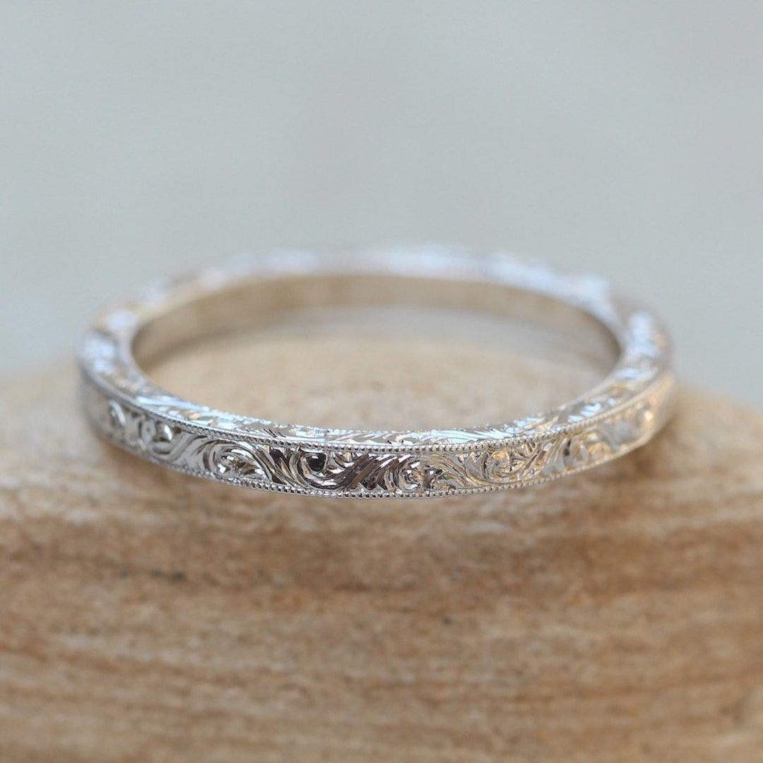 Intricately Engraved Wedding Band in Solid 18k White Gold LS1813 - Etsy