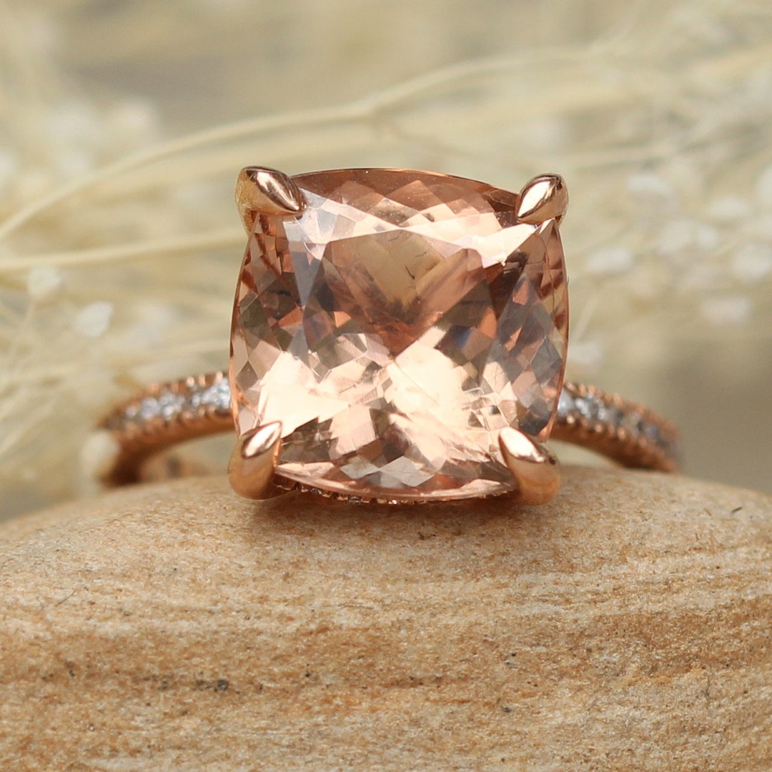 5 Carat Cushion Morganite Ring With Fang Prongs, Hidden 4 Prong Halo ...