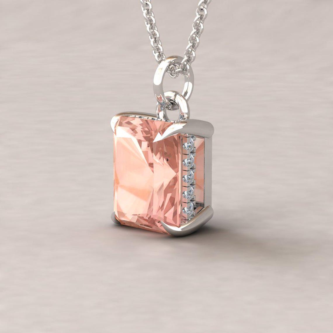 Radiant Cut Morganite Pendant, Fang Prongs, Hidden Diamond Halo ...