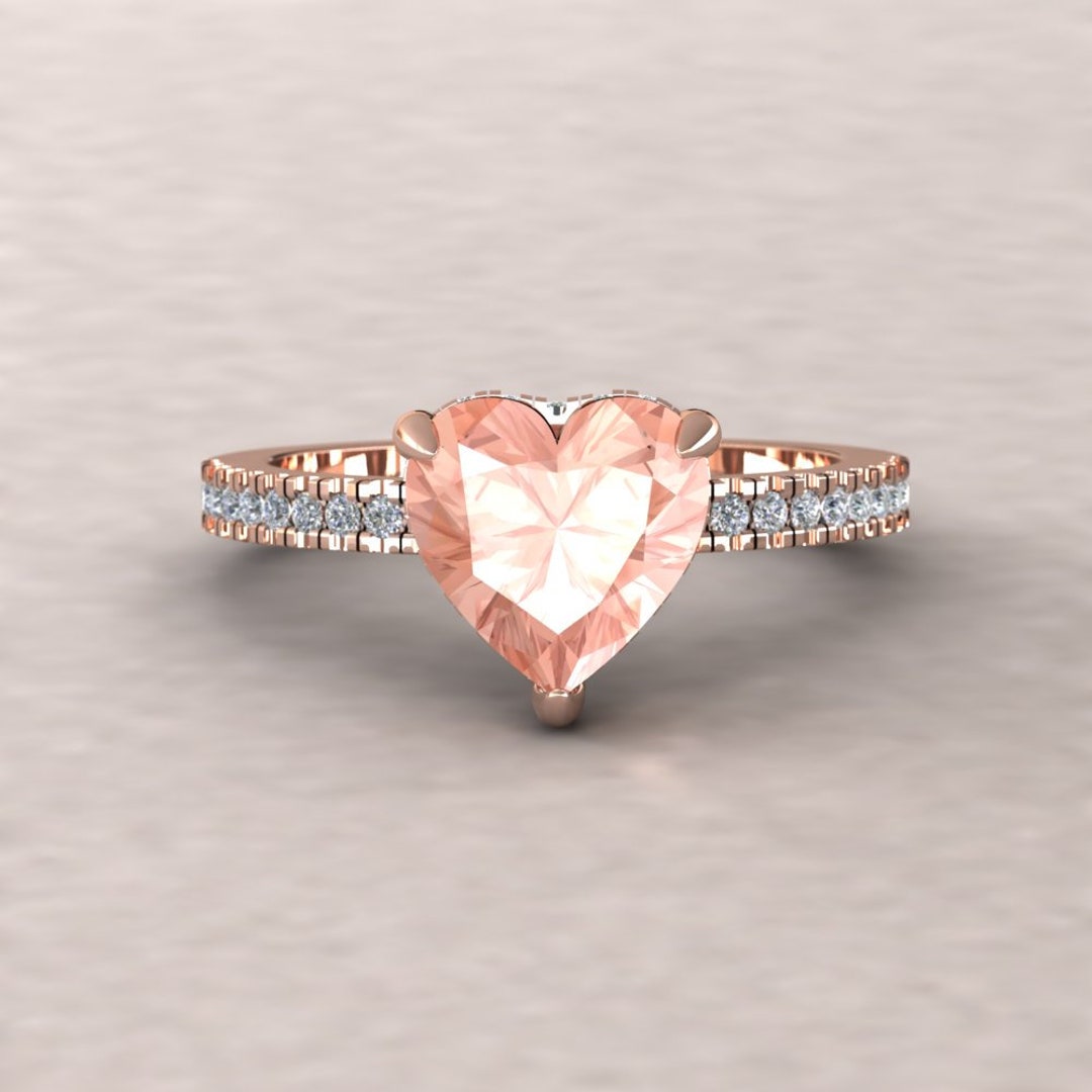 Heart Cut Morganite Engagement Ring, Fang Prongs, Hidden Halo Diamonds ...