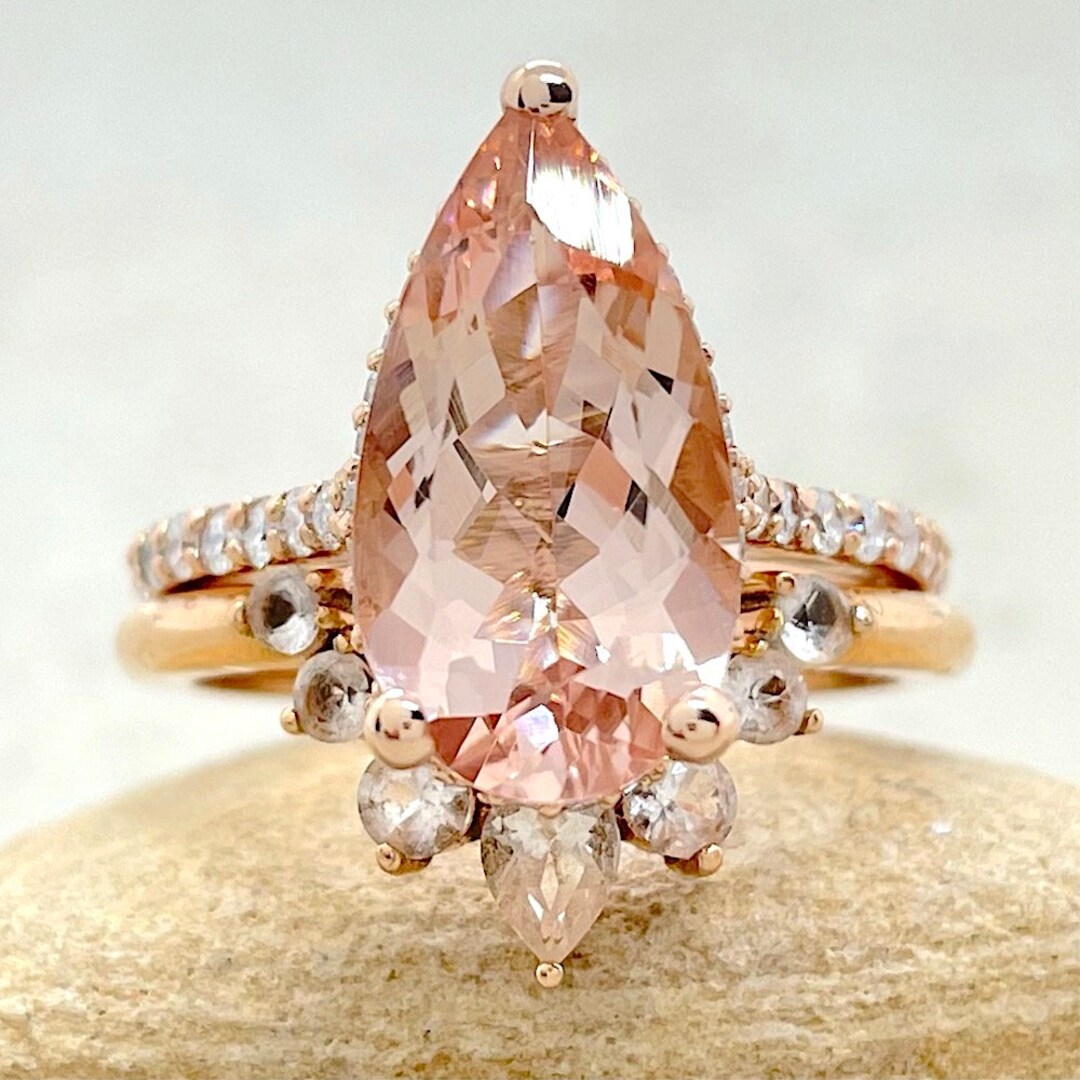 Pear Filigree Morganite Bridal Set With Morganite Tiara Band Genuine ...