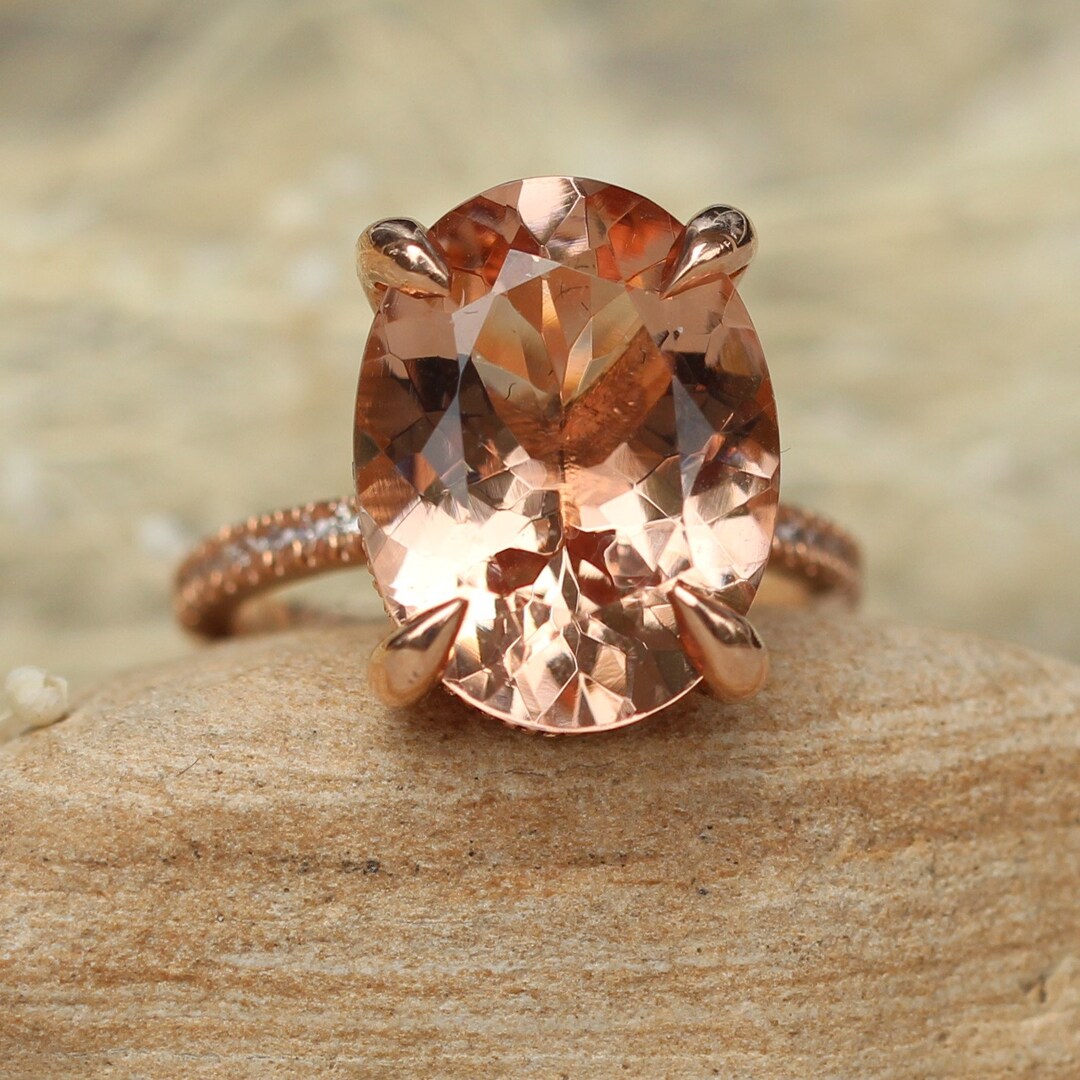 Oval Solitaire Morganite Engagement Ring, Fang Prongs Hidden Halo ...