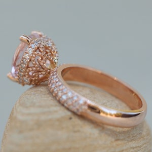 Light Pink Heart Morganite Ring, Gold Hearts, Hidden Halo Triple Shank ...