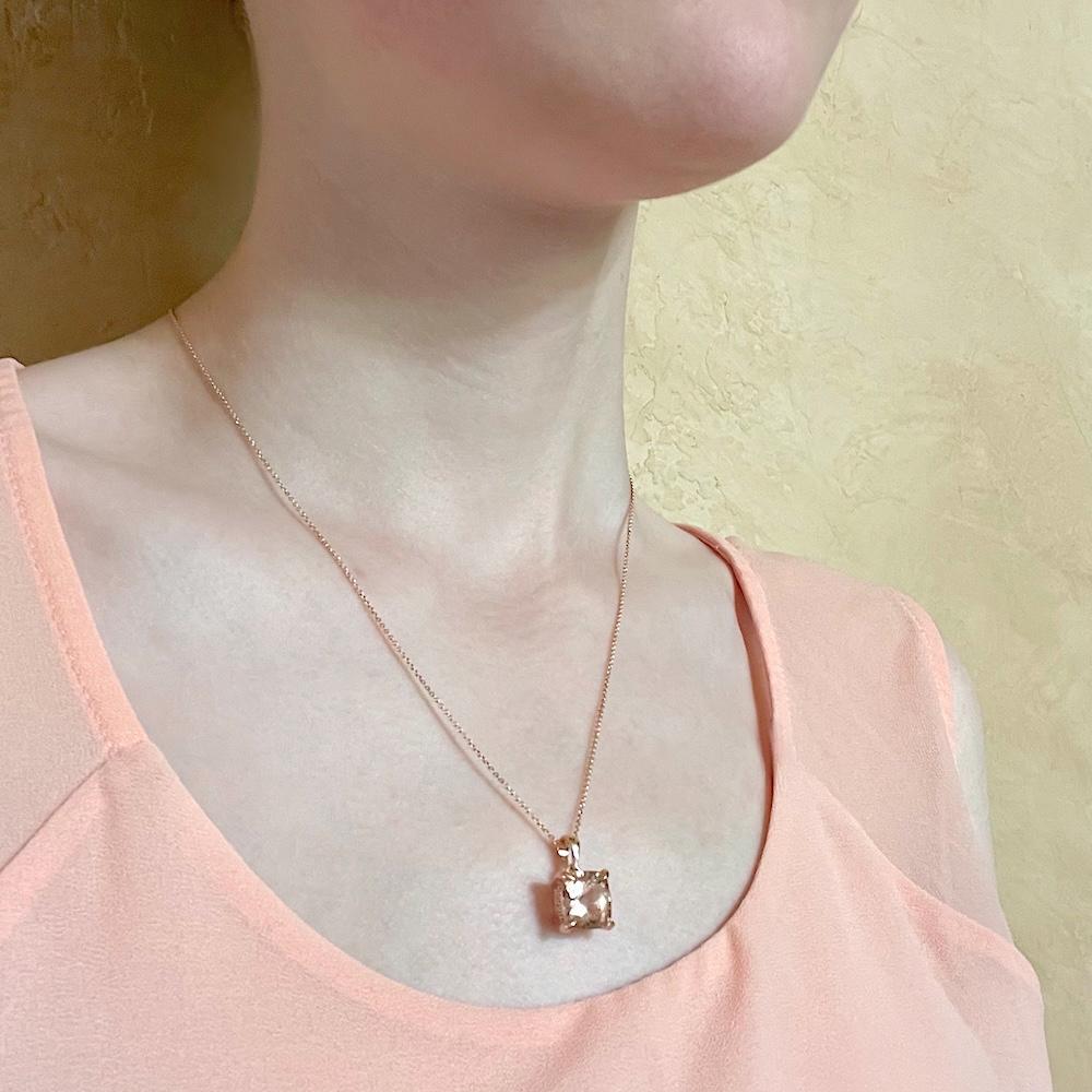Square Cushion Morganite Pendant, Fang Prongs and Hidden Diamond Halo ...