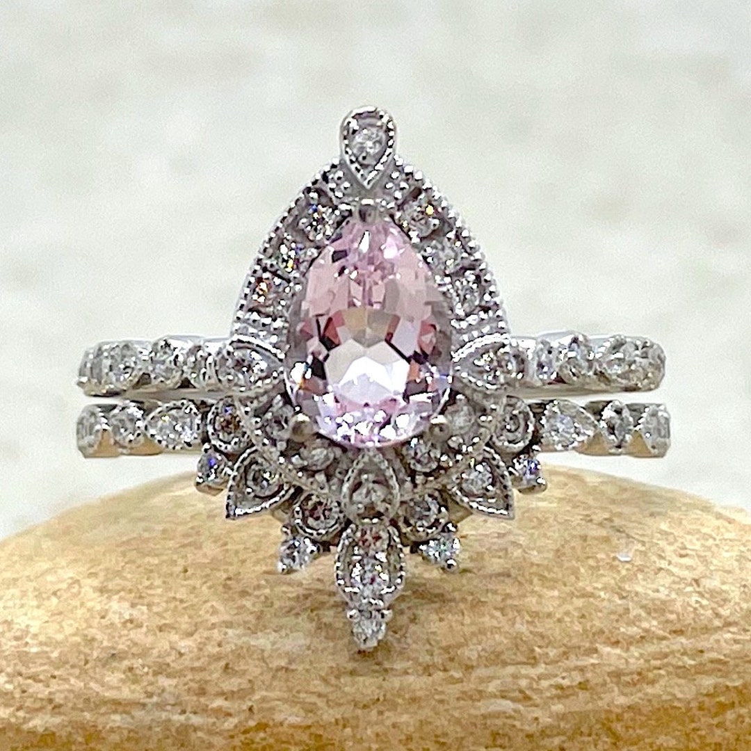 Vintage Morganite Engagement Ring Set, Detailed Milgrain Beaded Halo ...