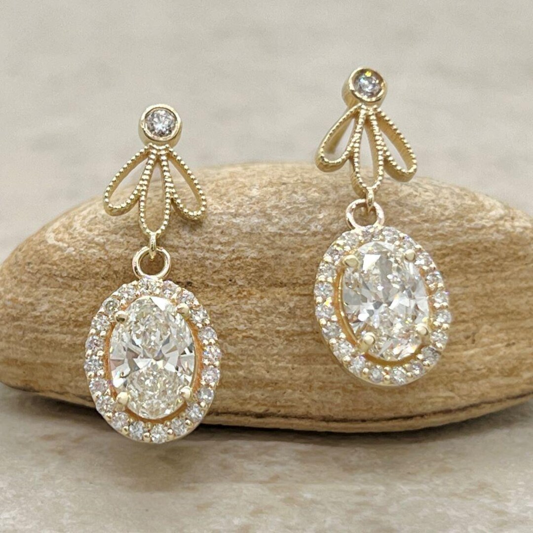 Oval Lab Diamond Earrings With Halo and Milgrain Flower Petal Dangle ...