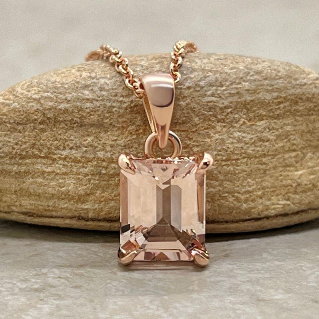 Emerald Cut Morganite Pendant With Fang Prongs and Hidden Diamond Halo ...