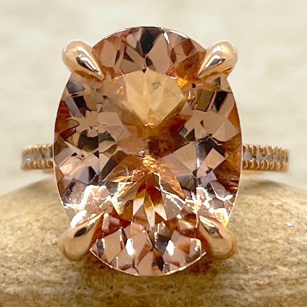 Oval Solitaire Morganite Engagement Ring, Fang Prongs Hidden Halo ...