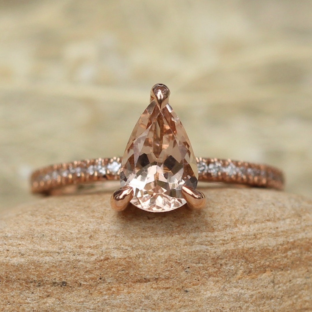 Pear Cut Morganite Engagement Ring Hidden Halo Fang Prongs, Solitaire ...