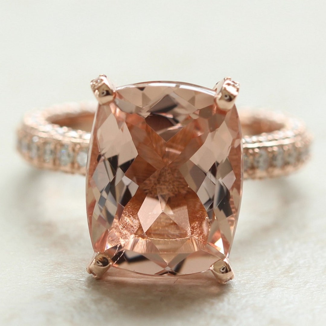 Triple Shank Morganite Engagement Ring Side Halos Rectangular - Etsy