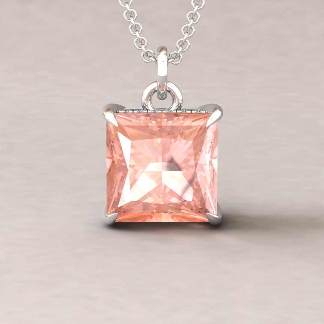 Princess Cut Morganite Pendant, Fang Prongs, Hidden Diamond Halo ...