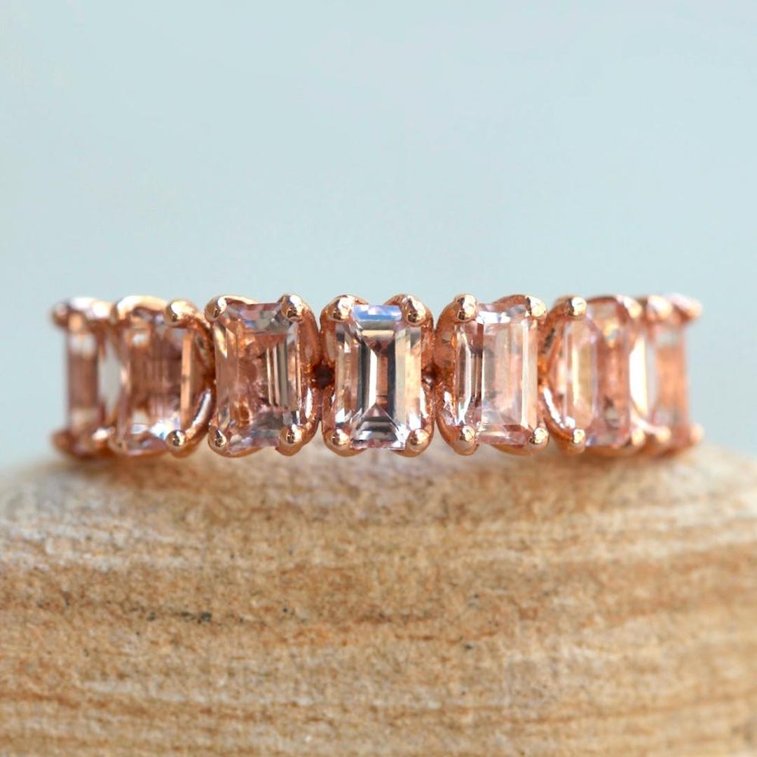 Emerald Cut Morganite Ring With 7 Stones and Lily Petal Flower Prongs ...