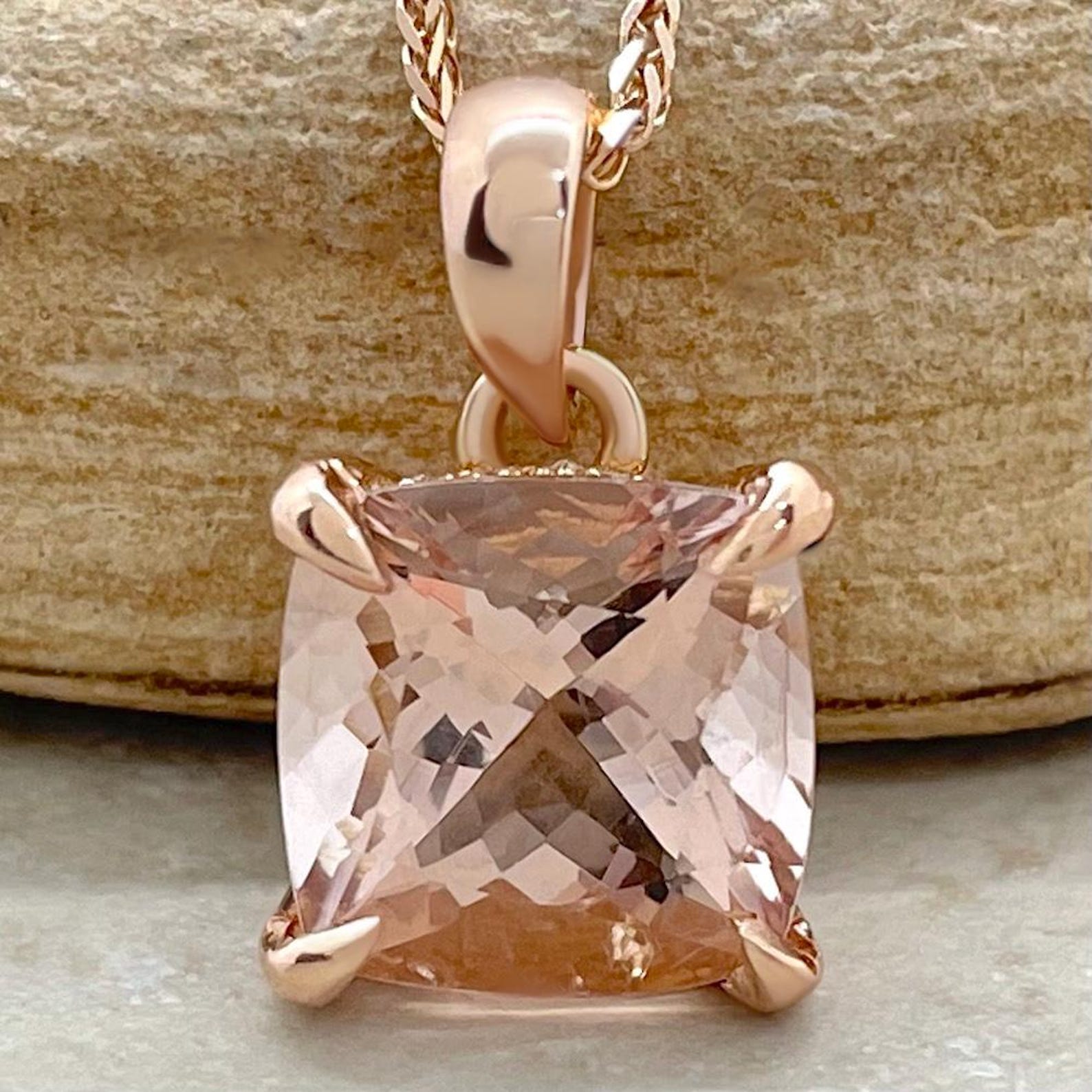 Square Cushion Morganite Pendant, Fang Prongs and Hidden Diamond Halo ...