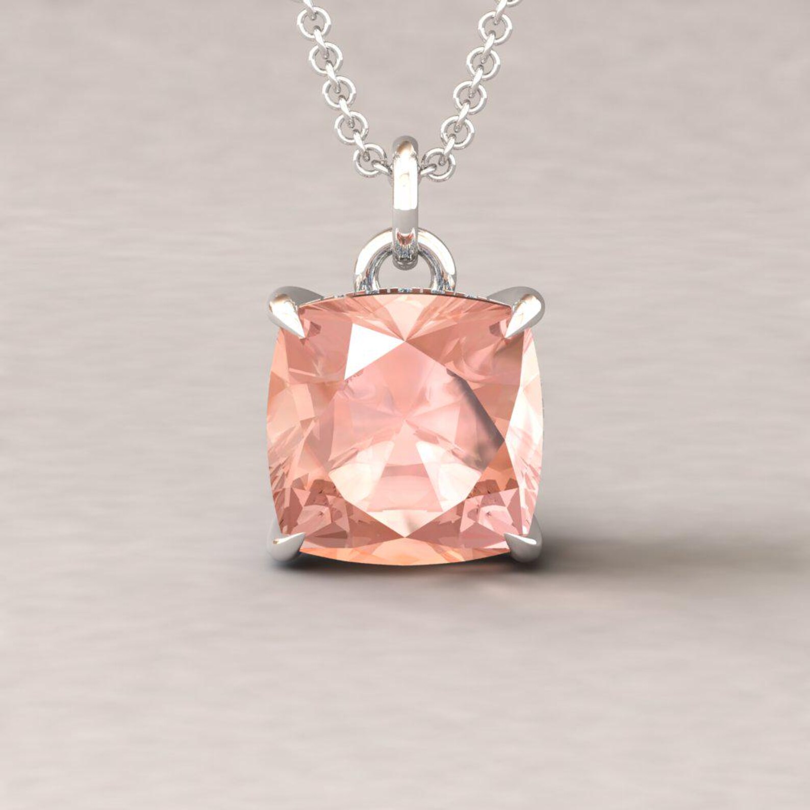 Square Cushion Morganite Pendant, Fang Prongs and Hidden Diamond Halo ...