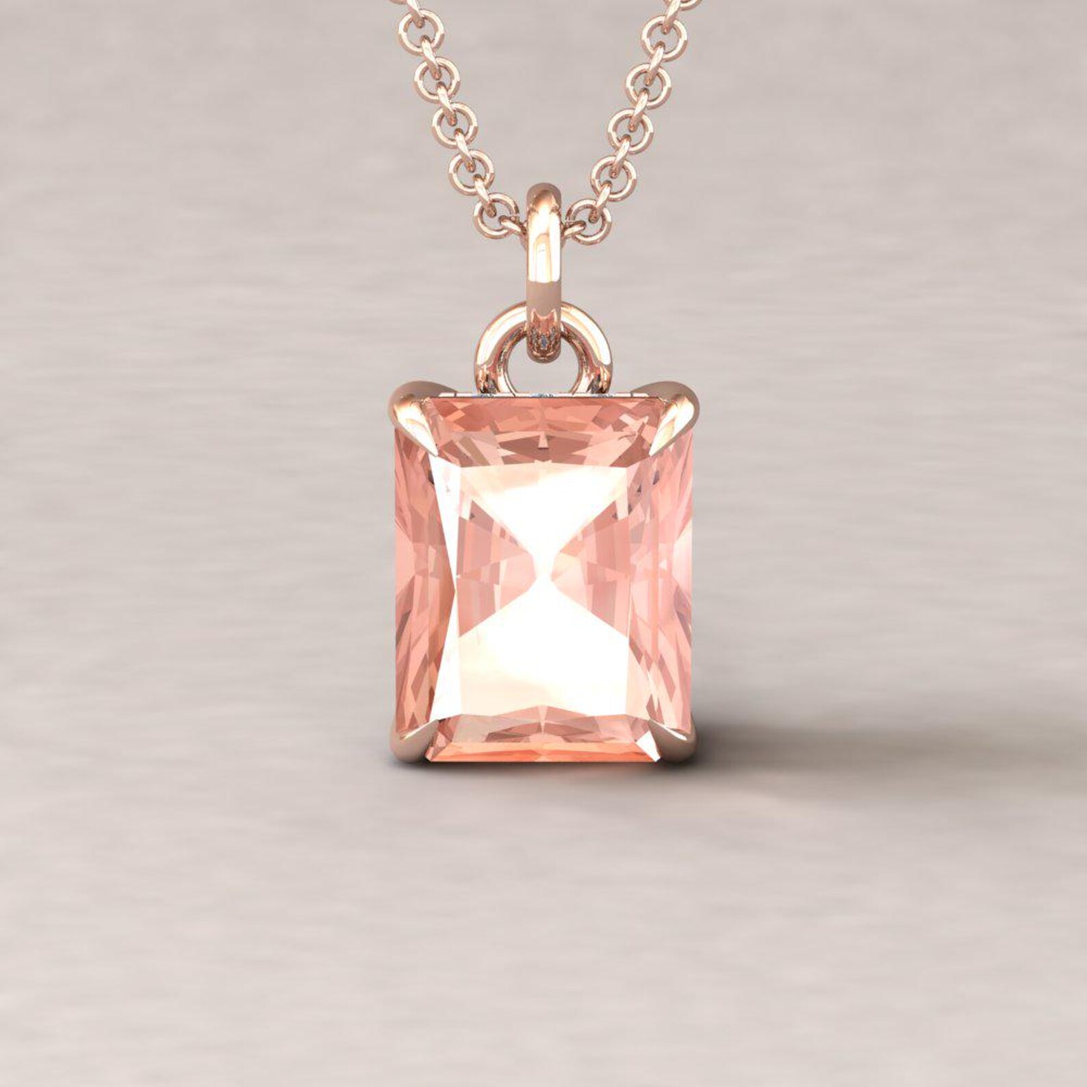 Radiant Cut Morganite Pendant, Fang Prongs, Hidden Diamond Halo ...