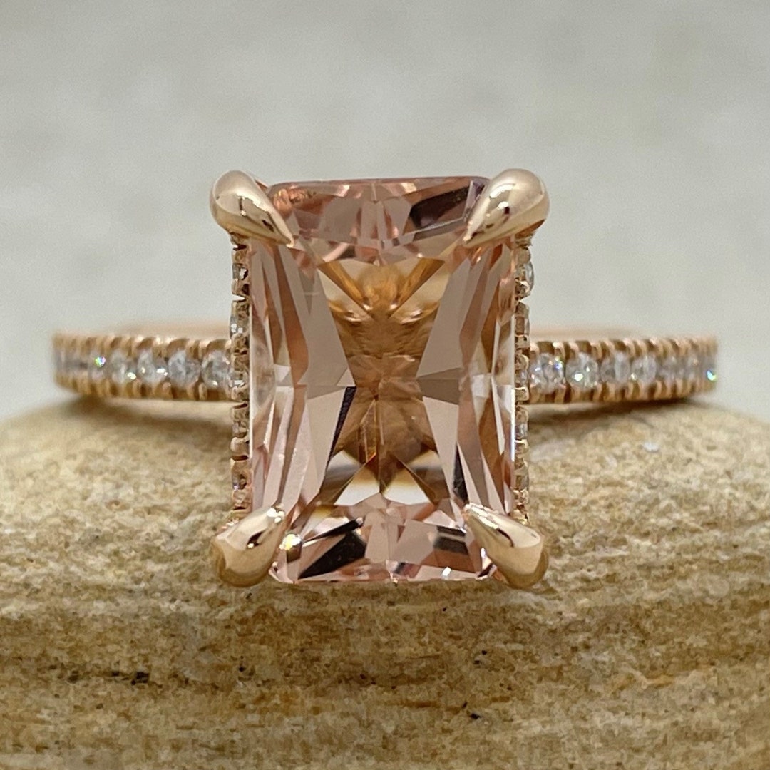 Rare Radiant Cut Morganite Ring 4 Prong Diamond Hidden Halo Claw Prong ...