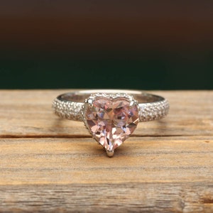 Light Pink Heart Morganite Ring, Gold Hearts, Hidden Halo Triple Shank ...