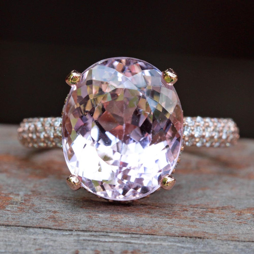 Triple Shank Engagement Ring Two Hidden Halos Oval Rare Pink Morganite ...