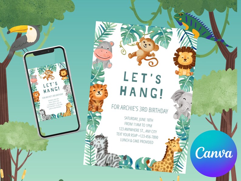 Editable Jungle Animals Theme Party Invitation Boy Birthday Printable ...
