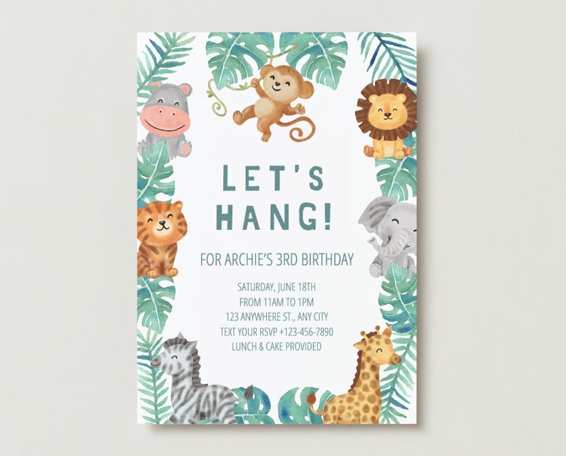 Editable Jungle Animals Theme Party Invitation Boy Birthday Printable ...