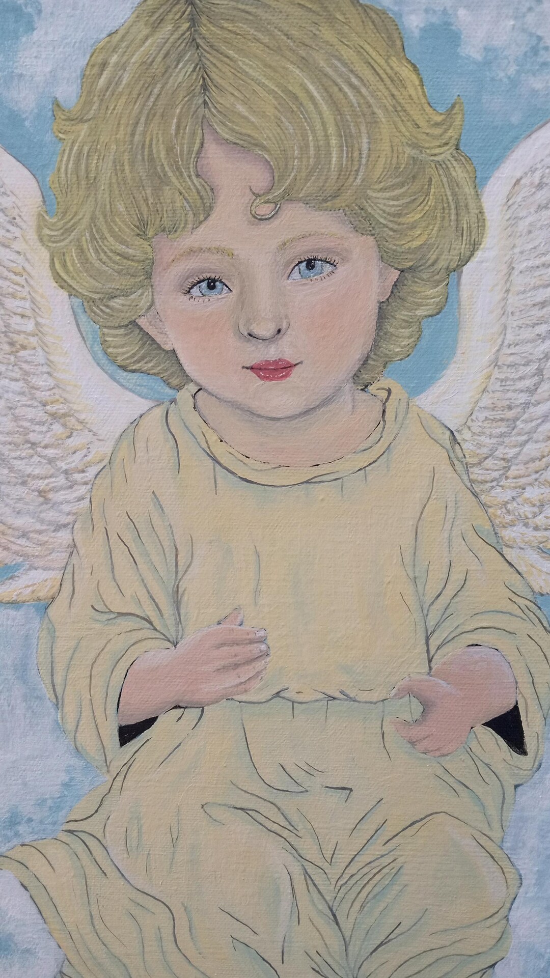Hand Painted Acrylic Baby Angel Cherub on 14 Inch by 16 Inch Stretched ...