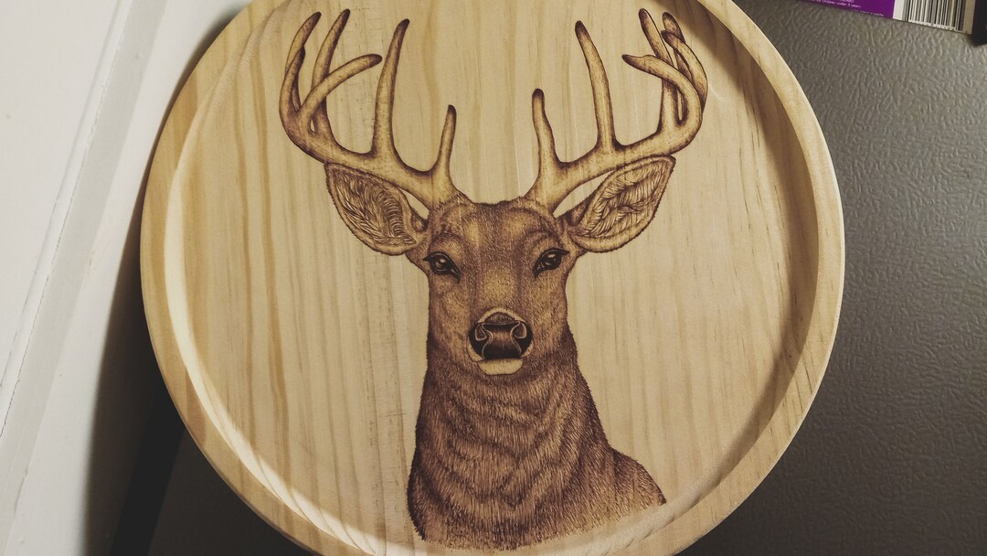 Original Pyrography by Hand Round Detailed Deer Plaque Wood Burned - Etsy