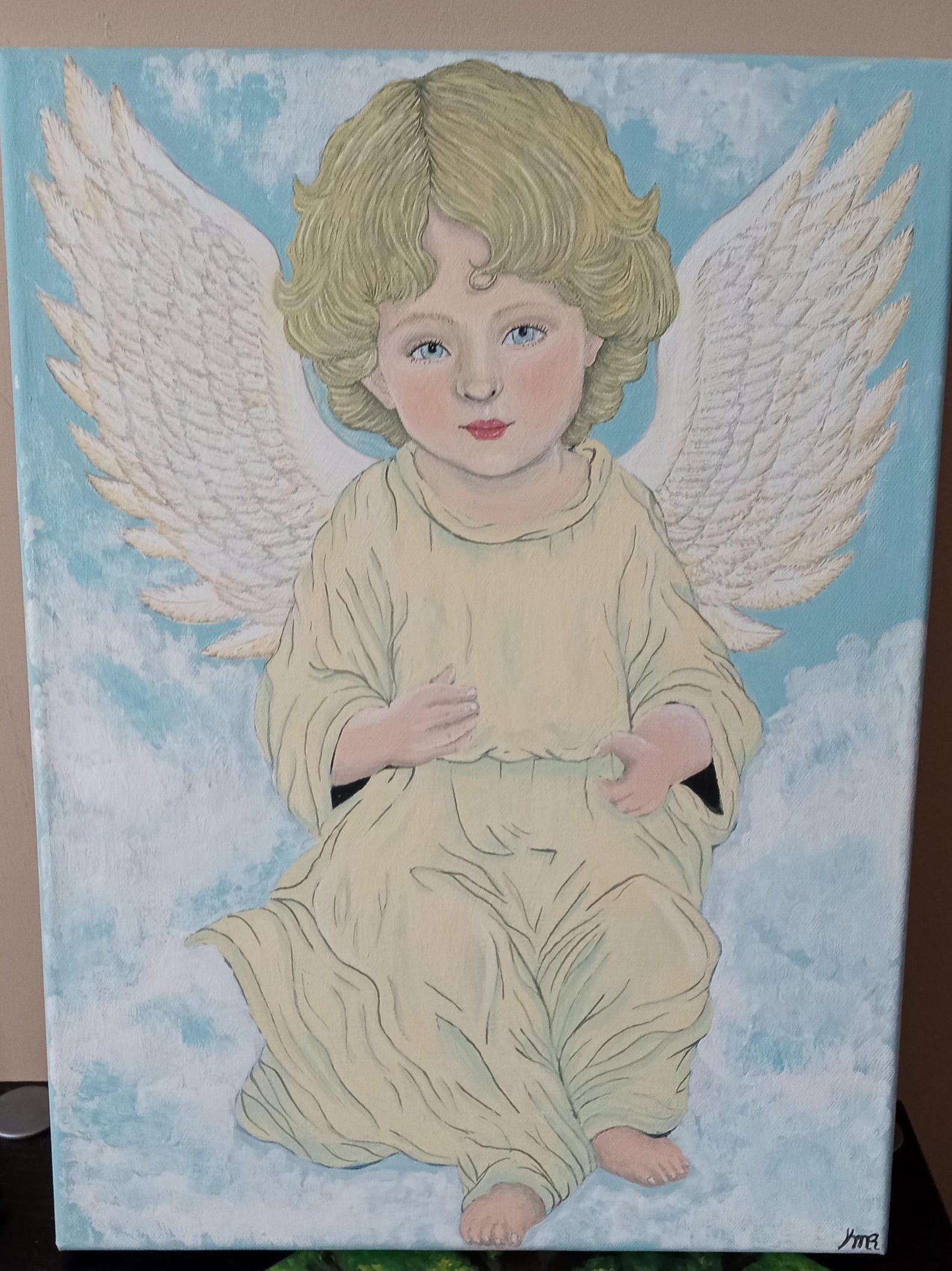 Hand Painted Acrylic Baby Angel Cherub on 14 Inch by 16 Inch Stretched ...