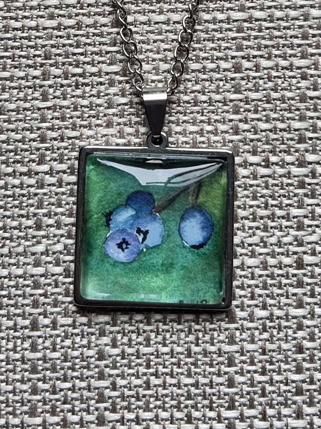 Blueberry Necklace – Dark Background, Hand-painted Watercolor, Square ...