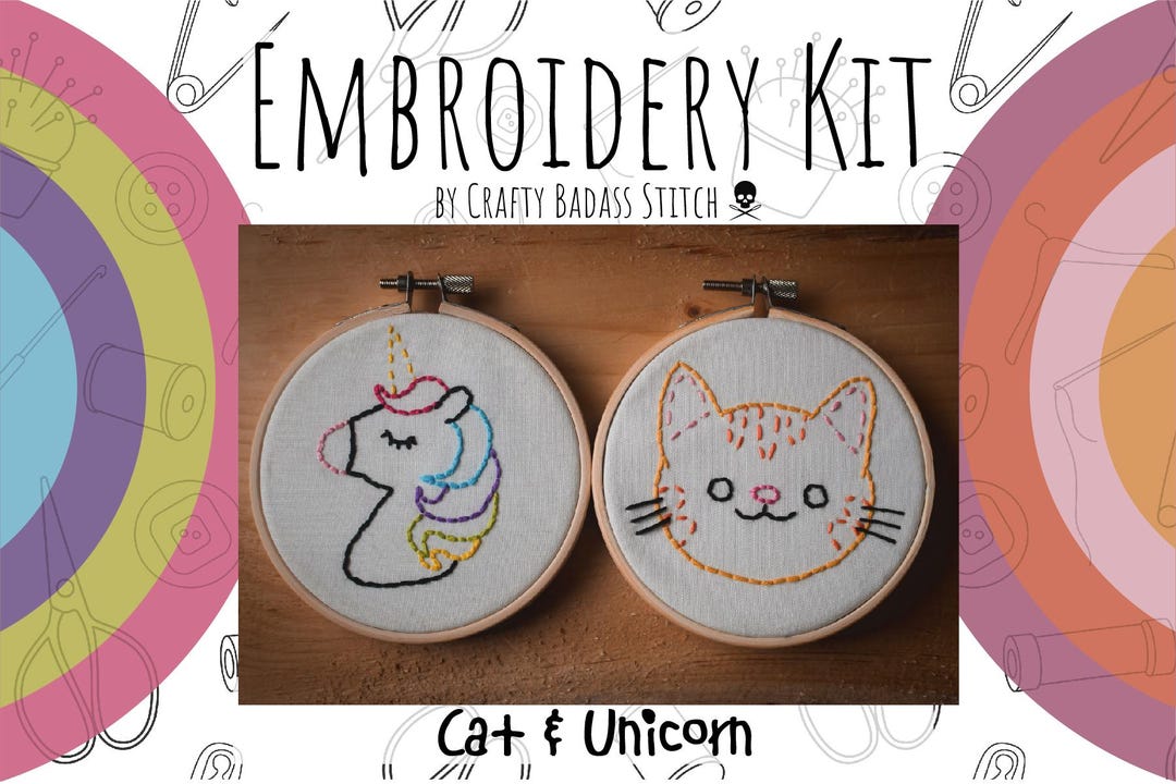 DIY Children Embroidery Kit Unicorn and Cat Themed, Handmade Needlework ...