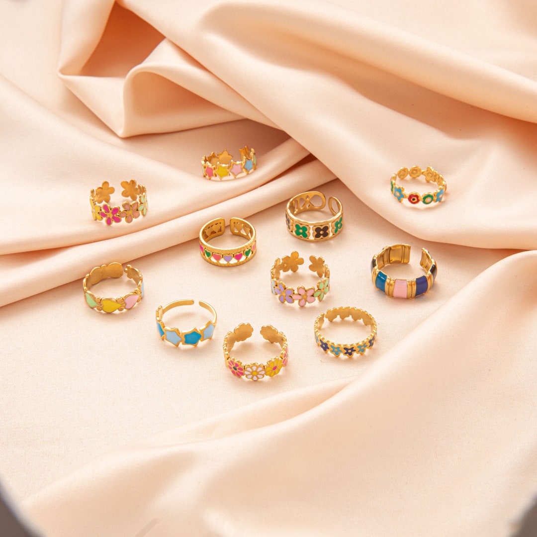 Colorful Enamel Ring, Daisy Flower Ring, Four Leaf Clover, Star Ring ...