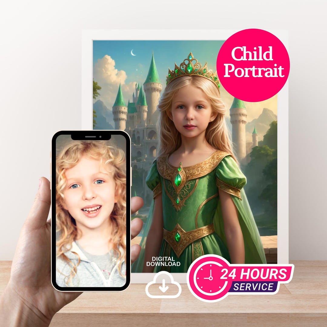 Custom Princess Child Portrait From Photo, Child Custom Portrait, Fantasy Portrait Child, Girl ...