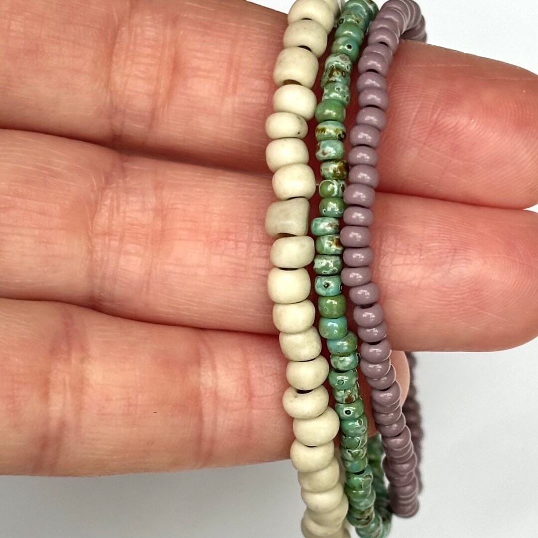 Boho Seed Bead Bracelet Stack set of 3 Purple, Green, Stone Colors - Etsy