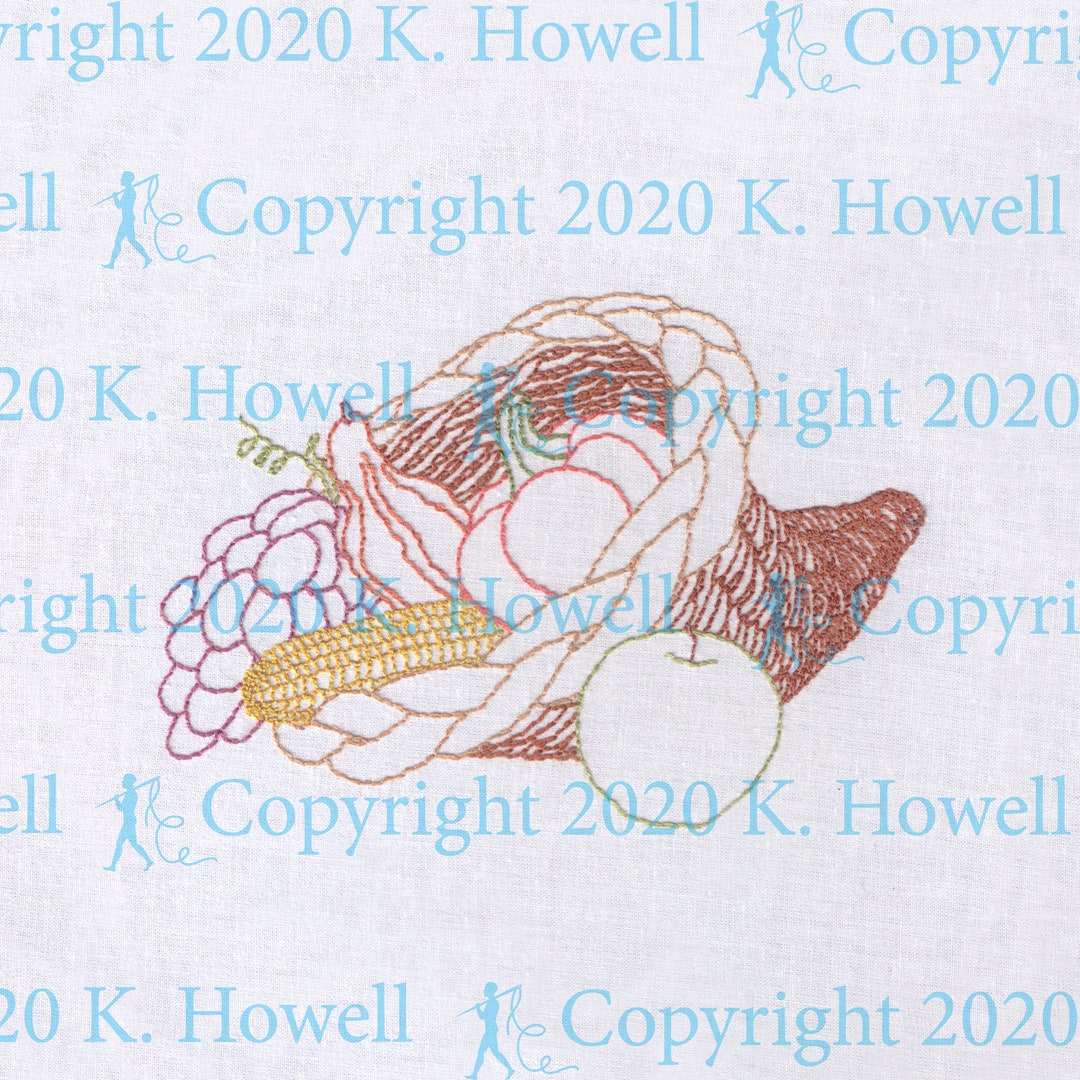 Cornucopia Hand Embroidery Pattern, Pumpkin, Gourd, Grapes, Apple, Corn ...