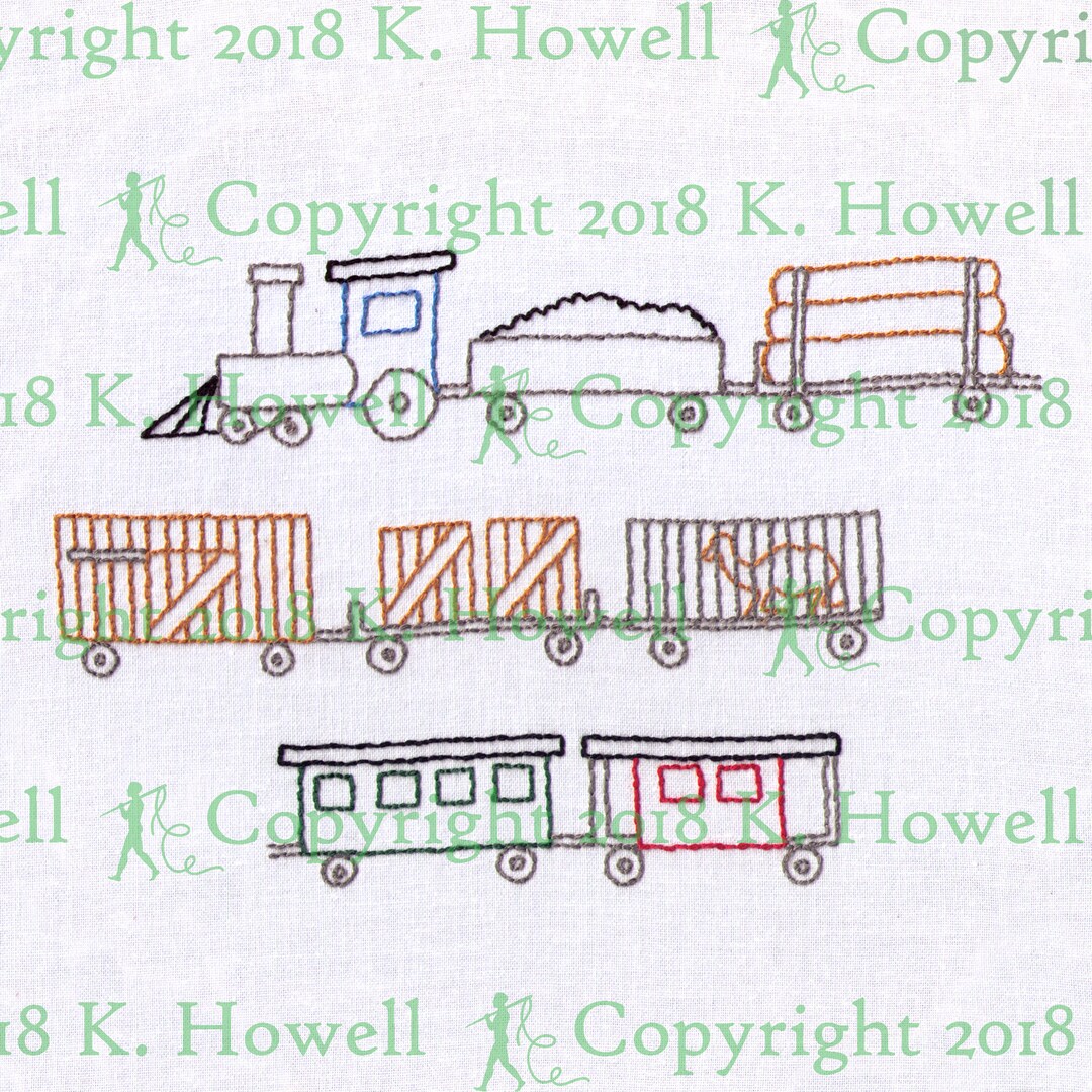 Train Hand Embroidery Pattern, Train, Cargo, Passenger, Caboose, Cage ...