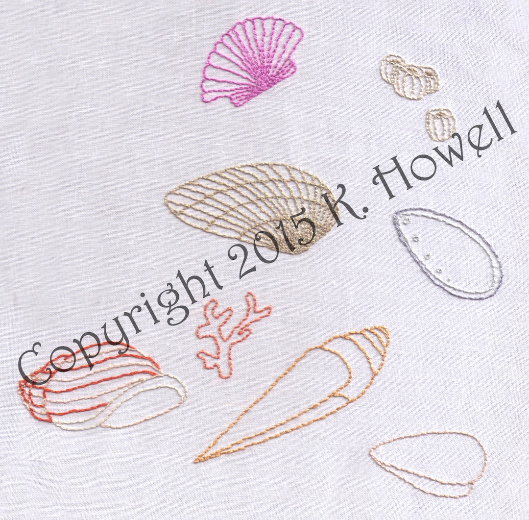 Shells Hand Embroidery Pattern, Sea Shells, Ocean, Beach, Crab, Snail ...