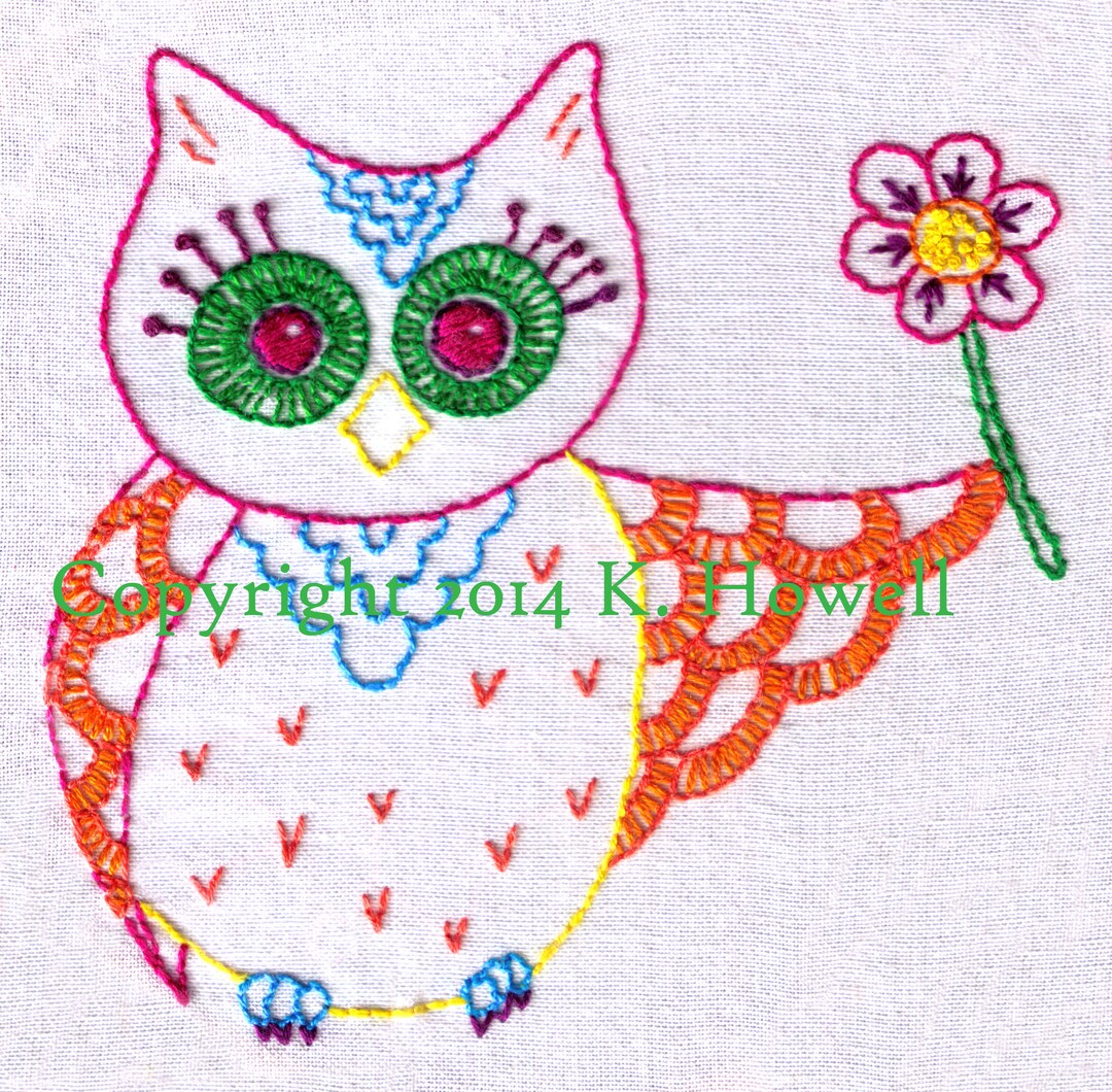 Owl Hand Embroidery Pattern, Boho Owl, Flower, Fun, Bright, Hippie ...
