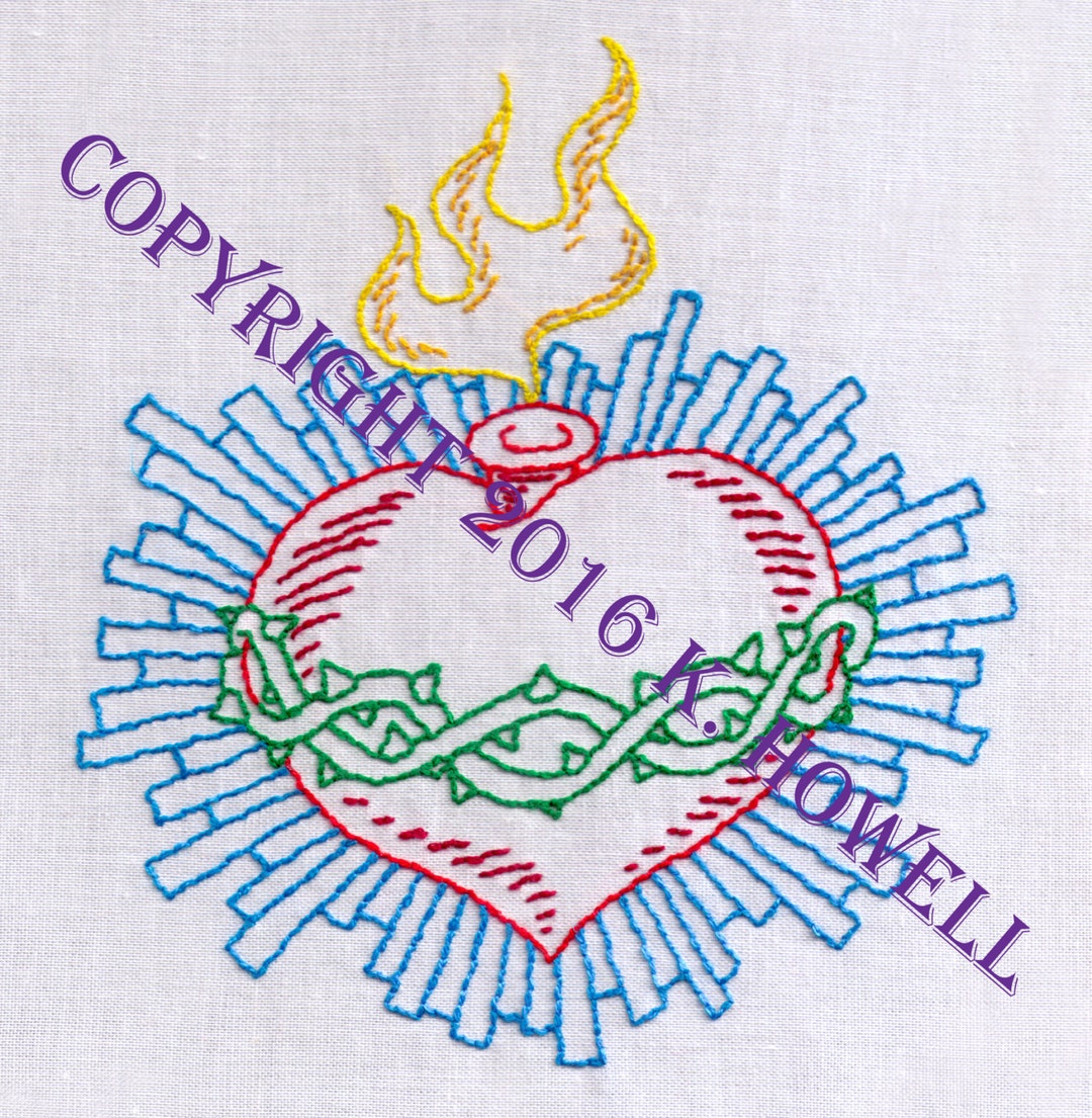 Heart Hand Embroidery Pattern, Sacred Heart, Blue, Rays, Vines, Thorns ...