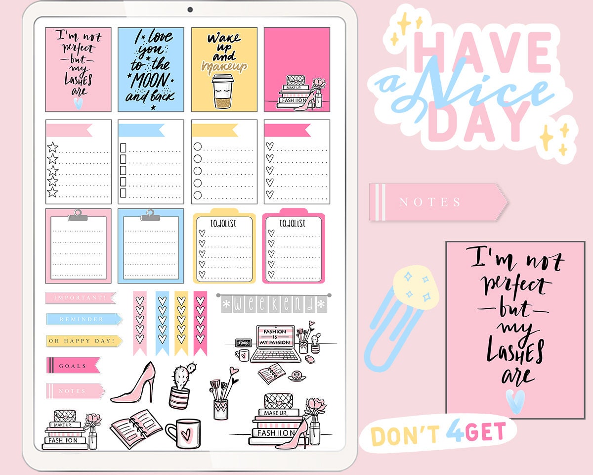 71 PCS Digital Girl Planner Stickers Bundle Cute A4 Pre-cropped PNG ...
