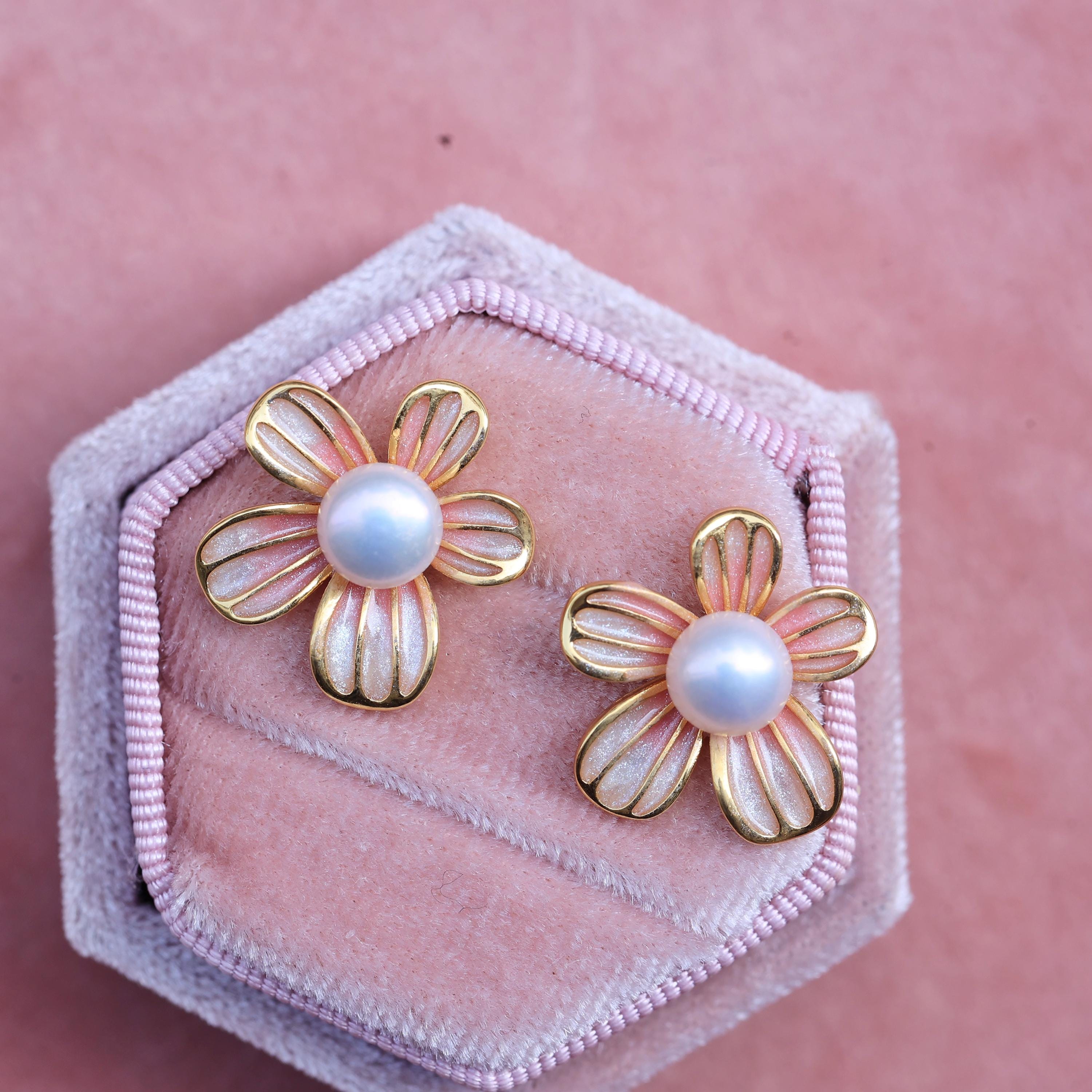 Sakura Pearl Earrings, Cute Pink Flower Studs, Gold Cherry Blossom Earrings, Freshwater Pearl ...