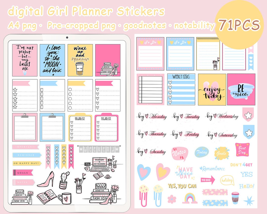 71 PCS Digital Girl Planner Stickers Bundle Cute A4 Pre-cropped PNG ...