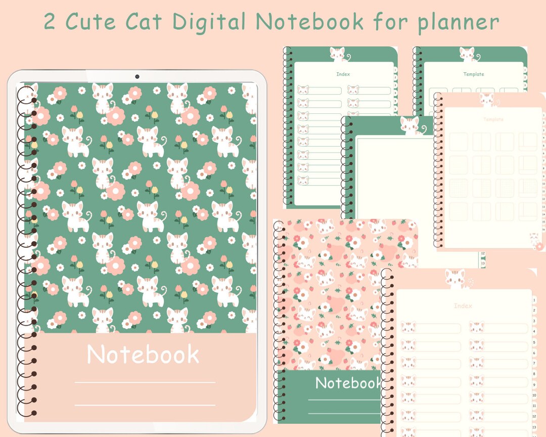Cute Cat Digital Notebook Set, Digital Planner, Floral Themed Student ...