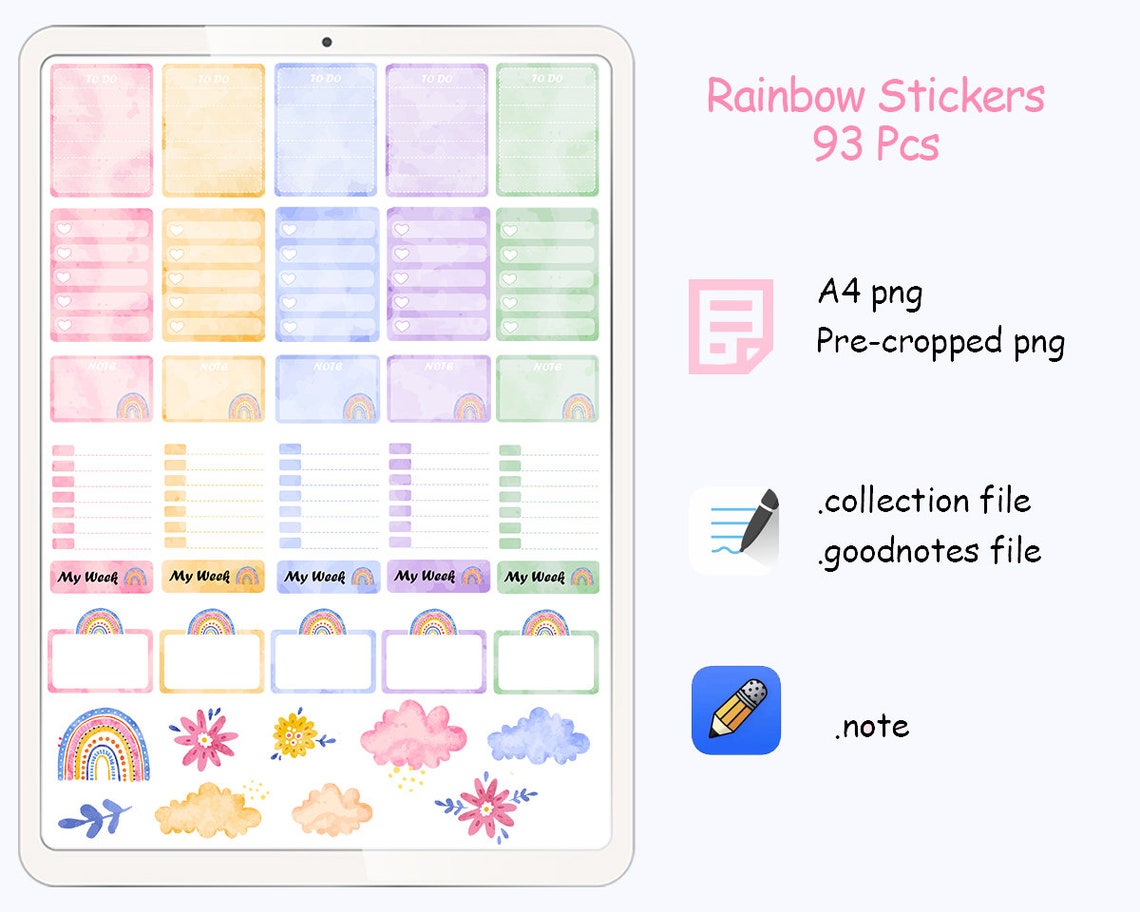 Rainbow Watercolor Stickers Set, 93 Pcs Precropped PNG for Goodnotes ...