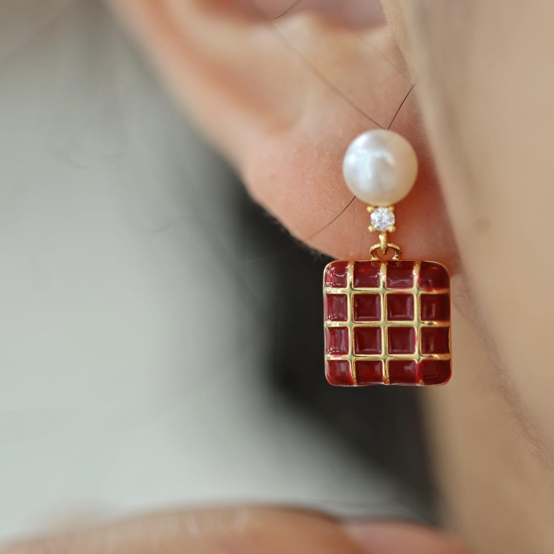 Freshwater Pearl Red Enamel Grid Earrings | Vintage Style Gold Drop ...