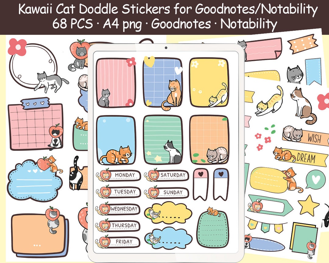 68 PCS Kawaii Cat Sticky Note Png, Digital Cute Cat Planner Stickers ...