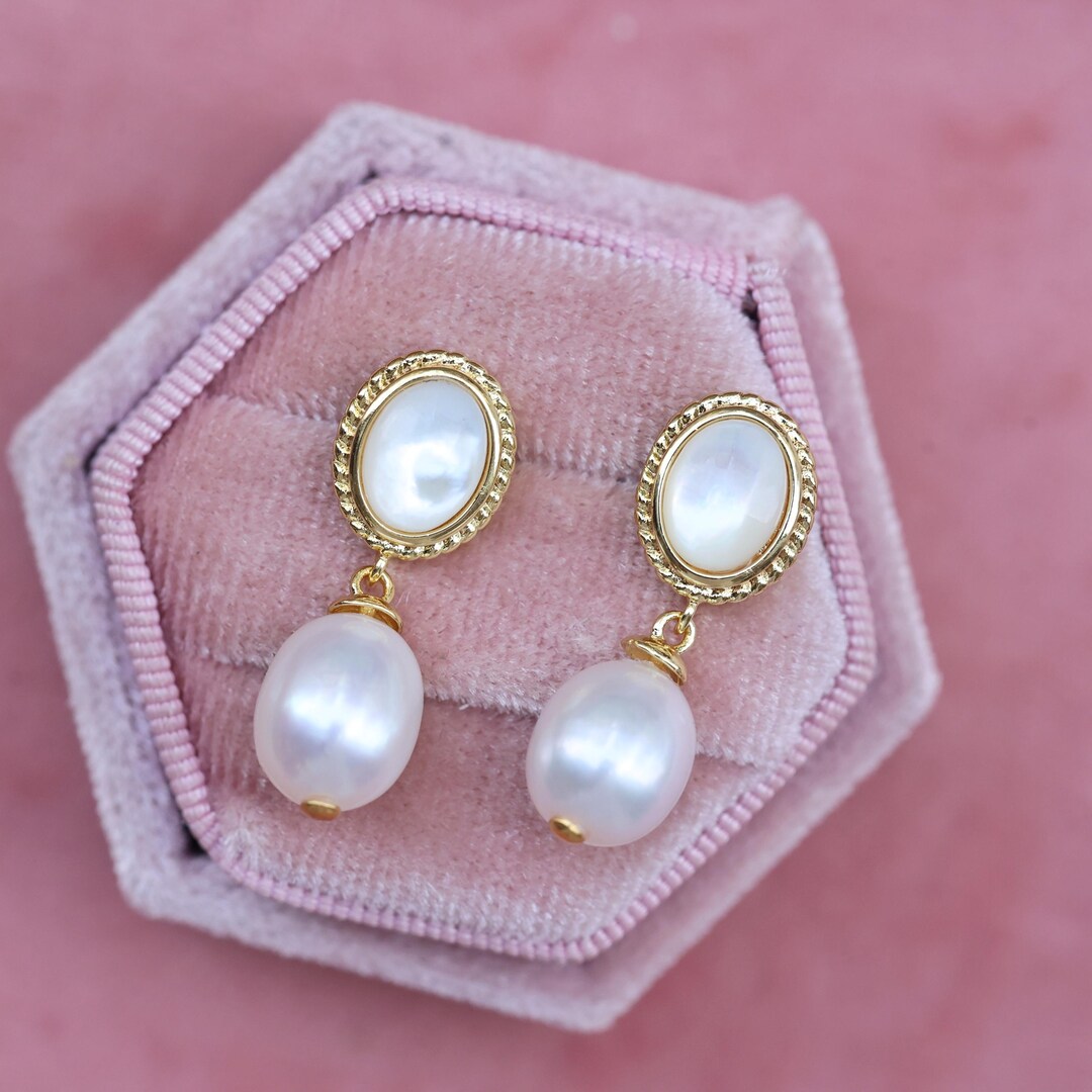 Gold Oval Pearl Drop Earrings With Vintage Bezel Setting and Baroque ...